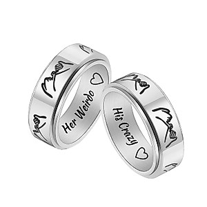 QINGDUO Her Weirdo&His Crazy 2Pcs Set of Matching Pinky Promise Pinky Swear Rings for Couples High Polish Stainless Steel Meditation Spinner Fidget Engagement Wedding Band Gift,Silver