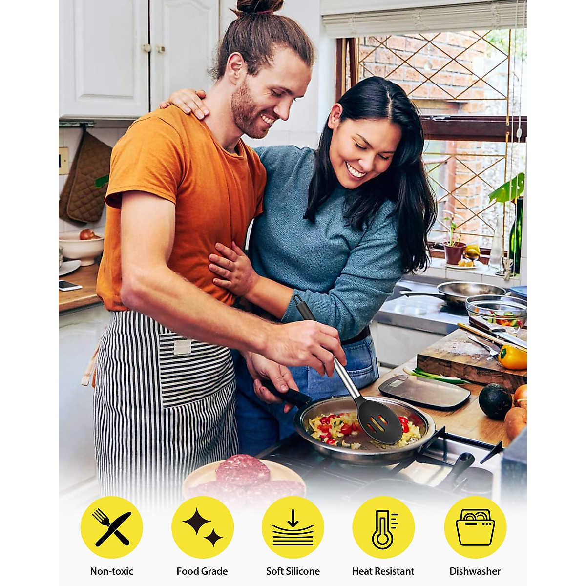 2 Pcs Silicone Cooking Spoons, Solid and Slotted Spoon Set, Non-Stick BPA Free Heat-Resistant Basting Kitchenware for Soup, Serving, Draining, Stirring（Black）