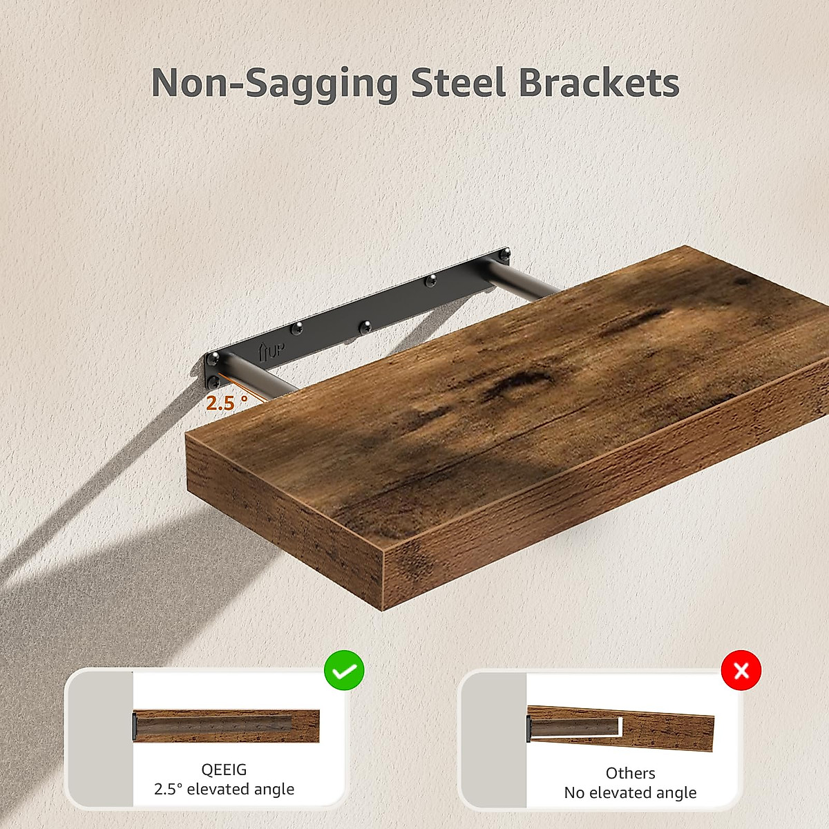 QEEIG Floating Shelves Bathroom Decor- Wall Mounted Shelf Bedroom Farmhouse Small 16 inch Set of 2, Rustic Brown (008-40BN)