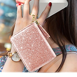 Coco Rossi Women's Small Credit Card Wallet RFID Glitter Bling Cute Accordion Card Holder with Zipper Pink