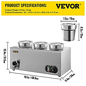 VEVOR 110V Commercial Food Warmer 12.6 Qt Capacity, 800W Electric Soup Warmer Adjustable Temp.86-185℉, Stainless Steel Countertop Soup Pot with Tap, Bain Marie Food Warmer for Cheese/Hot Dog/Rice