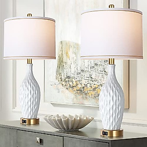 Vpazg White Table Lamp Set of 2, 3-Way Dimmable Touch Control Gold Bedside Lamps with USB Ports, 27inch Modern Ceramic Nightstand Lamp for Bedroom Living Room, Linen Shade (LED Bulb Included)