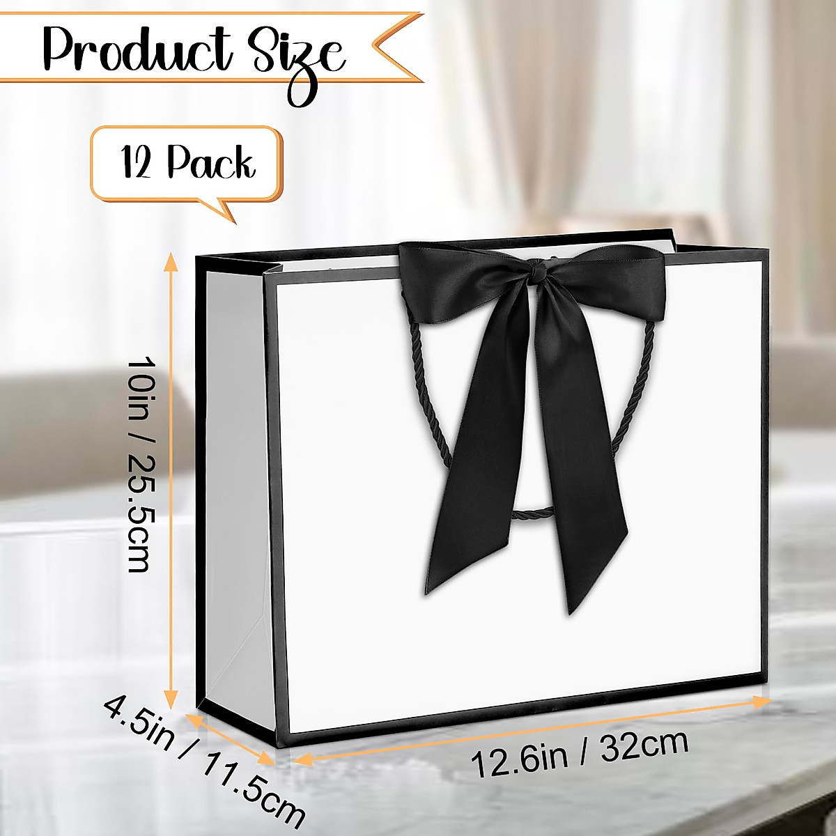 12 pcs White Gift Bags with Handles 12.5x4.5x10 Inches Large Paper Bags with Bow Ribbon and Tissue Paper Gift Wrap Bags for Birthday Bridesmaid Party Wedding Baby Shower Valentines, White-Black