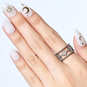 GLAMERMAID White Press On Nails Short Almond, 3D Gothic Handmade Soft Jelly Gel Fake Nails with Golden Star Blossom Design, Round Oval Stick Glue on Nail Kit for Women, Reusable Acrylic False Nail Set