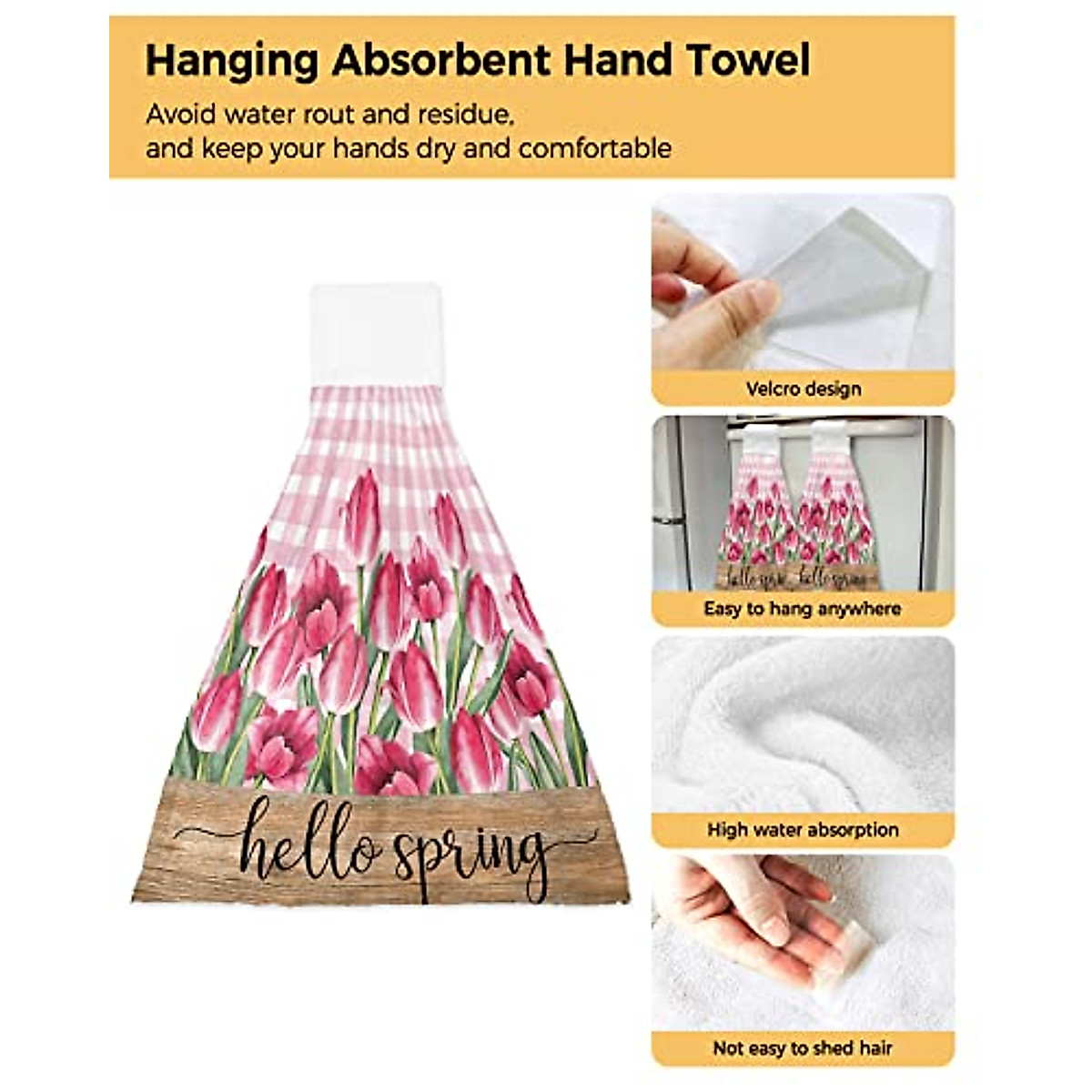 1 Pcs Hanging Towel Pink Tulip Farm Hello Spring Hand Towels Dish Towel for Kitchen Bathroom Absorbent Tie Towels Tea Bar Towels with Loop