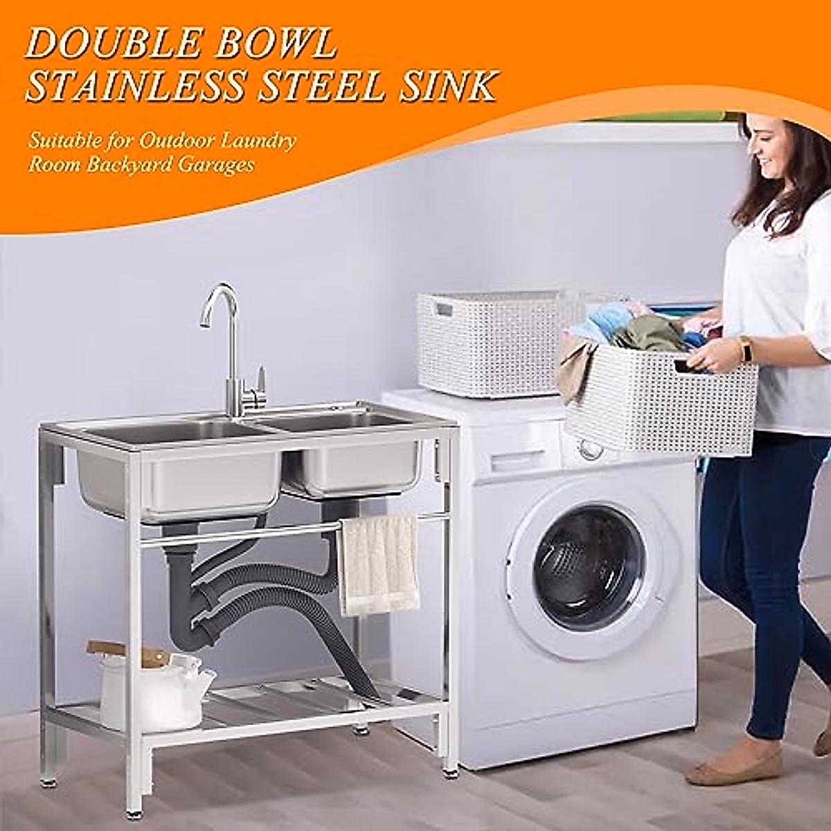 ADASTE Garage Sink Large Double Bowl Sink,Commercial Sink with Drainer Portable Sink with Hot and Cold Water，for Laundry, Backyard, Restaurant
