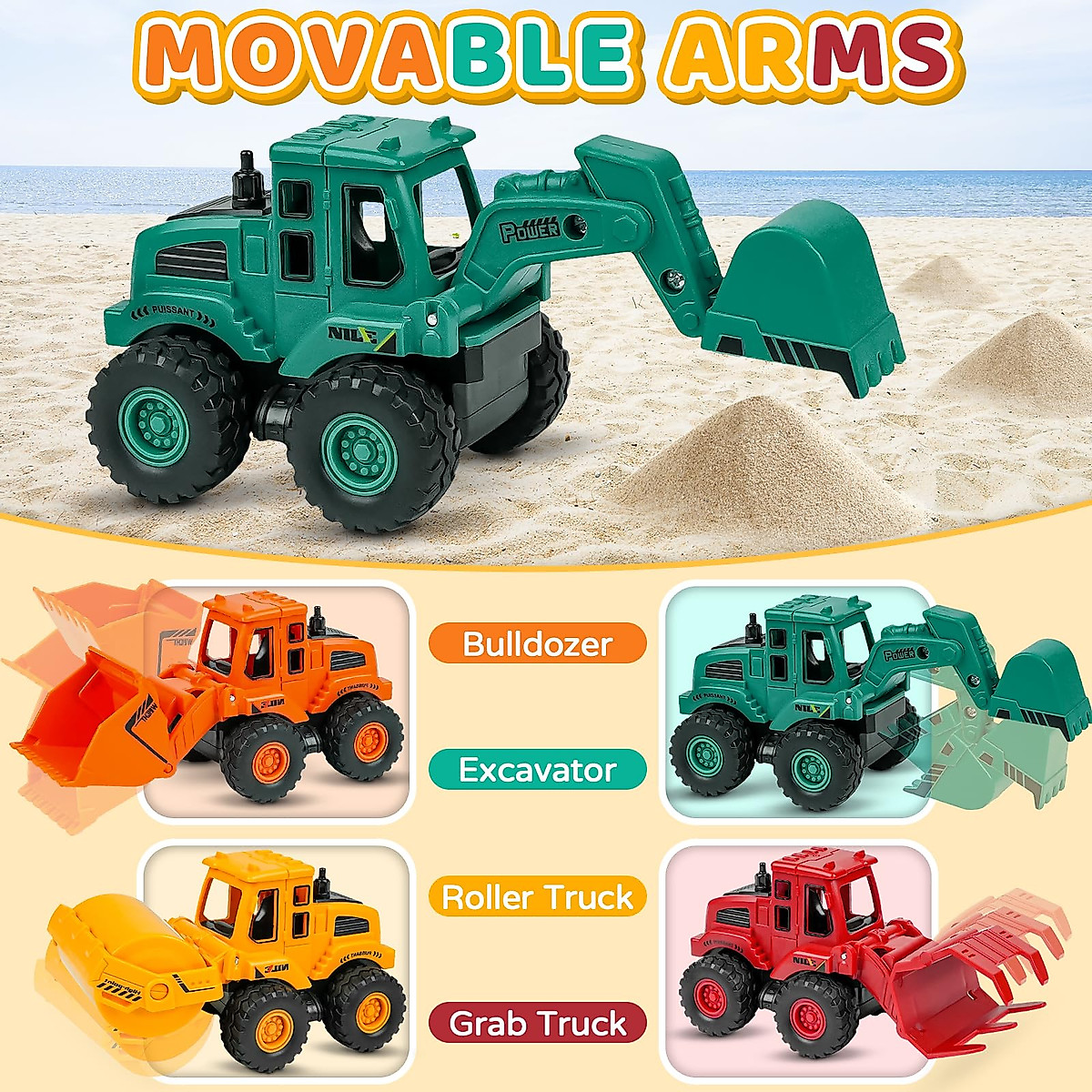 Beestech Construction Toys for 3 Years Old Boys Girls Kids, Friction Powered Construction Truck Toys Vehicles Sand Toys Trucks Excavator, Bulldozer, Road Roller (Colorful 4 Pack)
