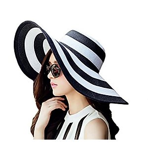 Women's Beachwear Sun Hat Black and White Striped Straw Hat Floppy Beach Hat Foldable Wide Brim Cap