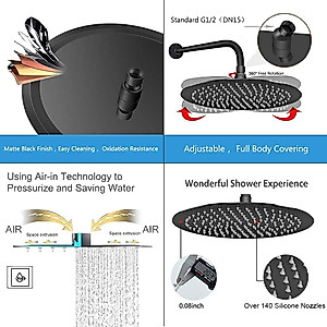 Rain Shower Head With Extension Arm, NearMoon Round Shower Heads, Large Stainless Steel Rainfall Showerhead-Waterfall Full Body Coverage (12 Inch Shower Head With 15 Inch Shower Arm, Matte Black)