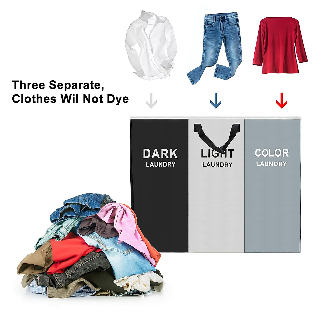 168L Laundry Hamper, Large Blanket Storage Basket Sorter 3 Section Bag Organizer for Dirty Clothes - Toys - Towel,15 X 23 X 28 inch Heavy Duty Laundry Cart Baskets (Black and white gray bag)