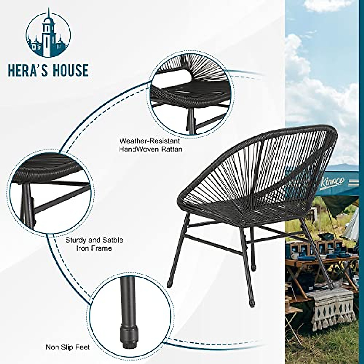 HERA'S HOUSE Patio Chairs Set of 4, Outdoor Woven Lounge Chairs, Bistro Chairs with Steel Frame and Plastic Rope for Porch, Balcony, Garden, Living Room