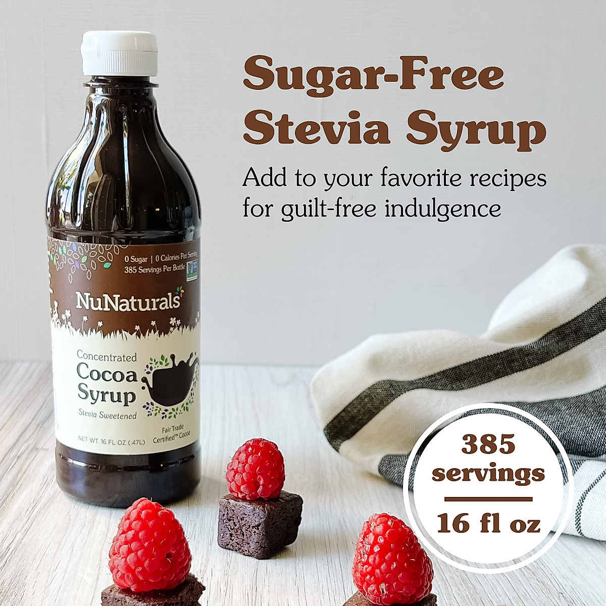 NuNaturals Stevia Syrup, Sugar-Free Sweetener, Plant-Based Sugar Substitute, Zero Calorie, Chocolate, 16 oz