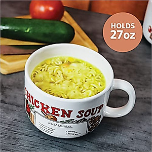 Old & Bold - 4 27 Oz Soup Bowls With Lids - Retro Soup Recipe Ceramic Mugs With Vented Lids and Handles - Pack of 4 - Microwave and Dishwasher Safe - For Soup, Instant Noodles, Cereal