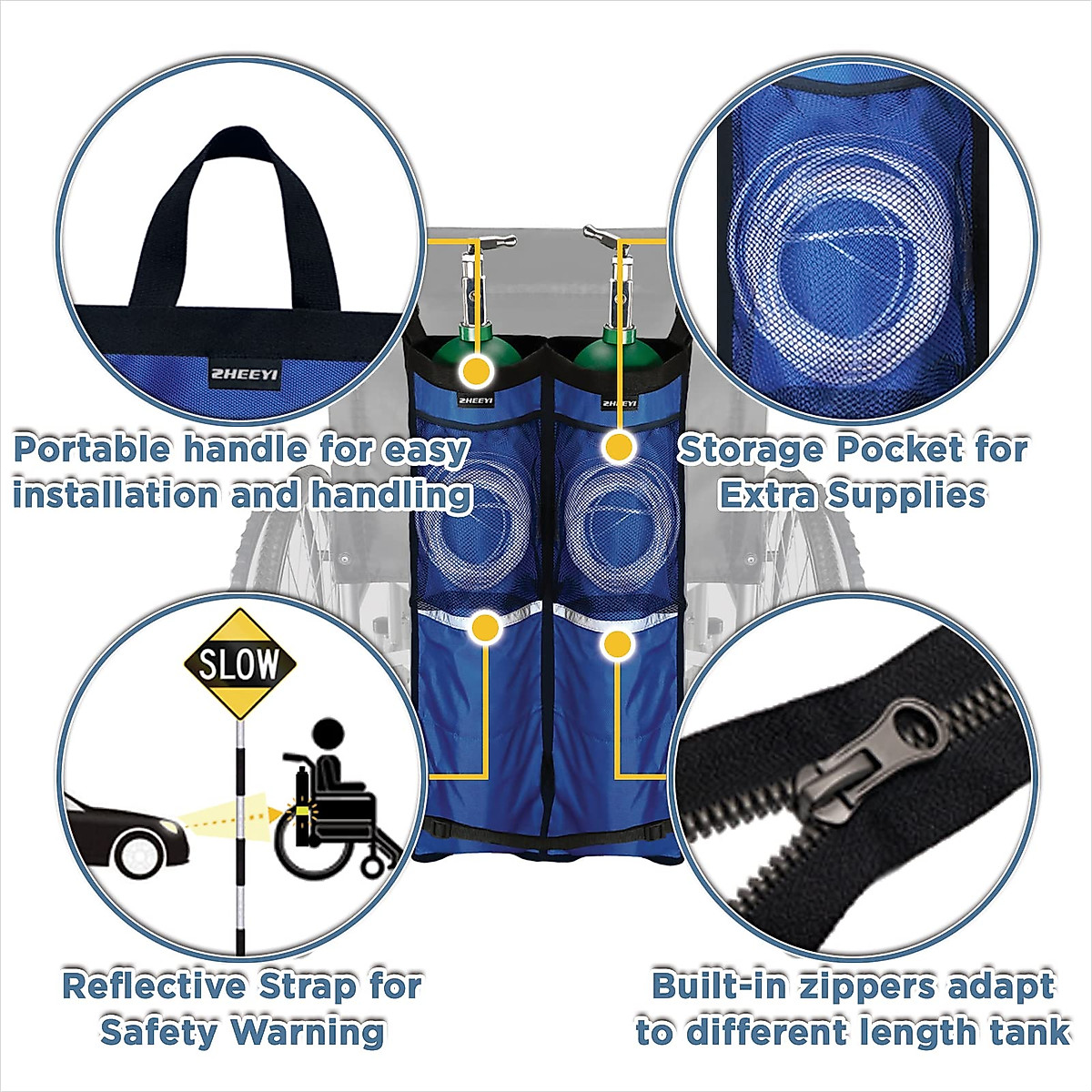ZHEEYI Dual Oxygen Tank Holder for Wheelchiars, Oxygen Cylinder Bag with Adjustable Zippers and Mesh Storage Pockets Fits Most Oxygen cylinders, Blue