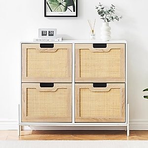 IDEALHOUSE Natural Rattan 4 Flip Door Shoe Cabinet Organizer Freestanding, Shoe Rack Storage Cabinet for Entryway with 3-Tier Adjustable Shelves for Slippers, Sneakers, Heels, Boots