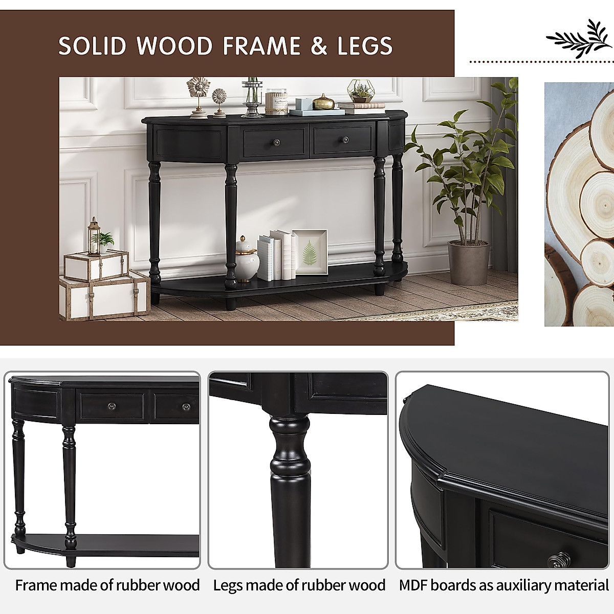 Royard Oaktree 52" Curved Console Table Retro Wood Entryway Table with 2 Drawers and Storage Shelf Accent Sofa Table for Living Room Foyer Entryway Hallway, Espresso