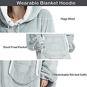 softan Blanket Hoodie, Oversized Sherpa Fleece Wearable Blanket for Women & Men, Super Warm and Cozy Plush Flannel Hooded Blanket, Sweatshirt Gift with Giant Pocket, One Size Fits All, Grey