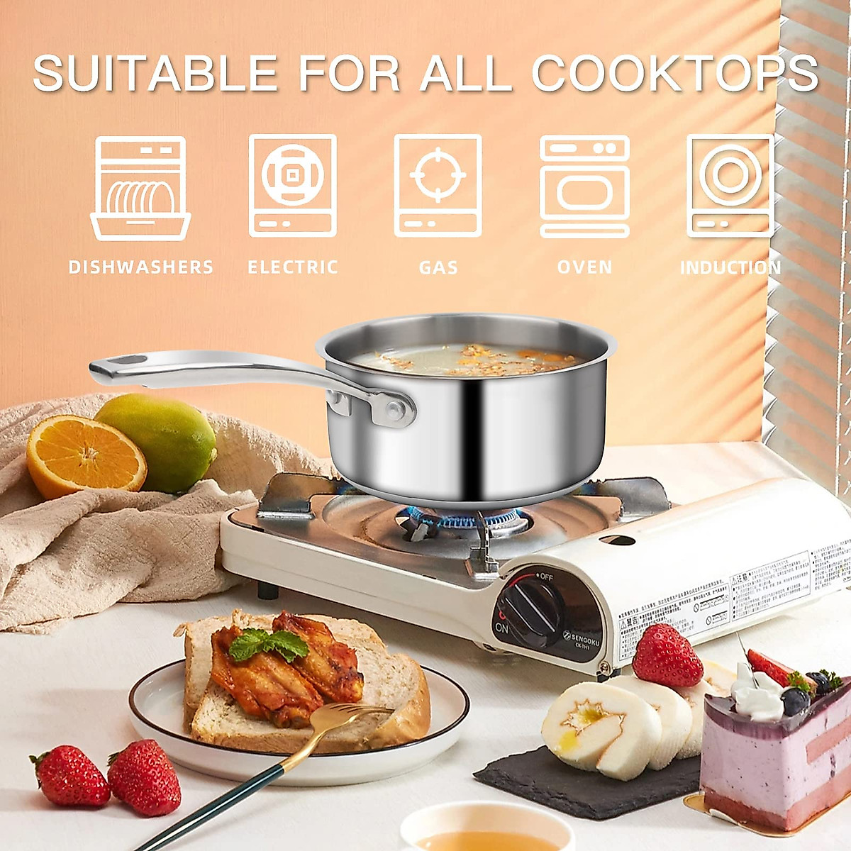 Flamingpan 1.5QT Stainless Steel Saucepan with Glass Lid, Small Pot for Cooking Soups, Sauces, Durable, Rust-Resistant & Non-discoloring Pot with Lid, Sauce Pan & Easy to Clean