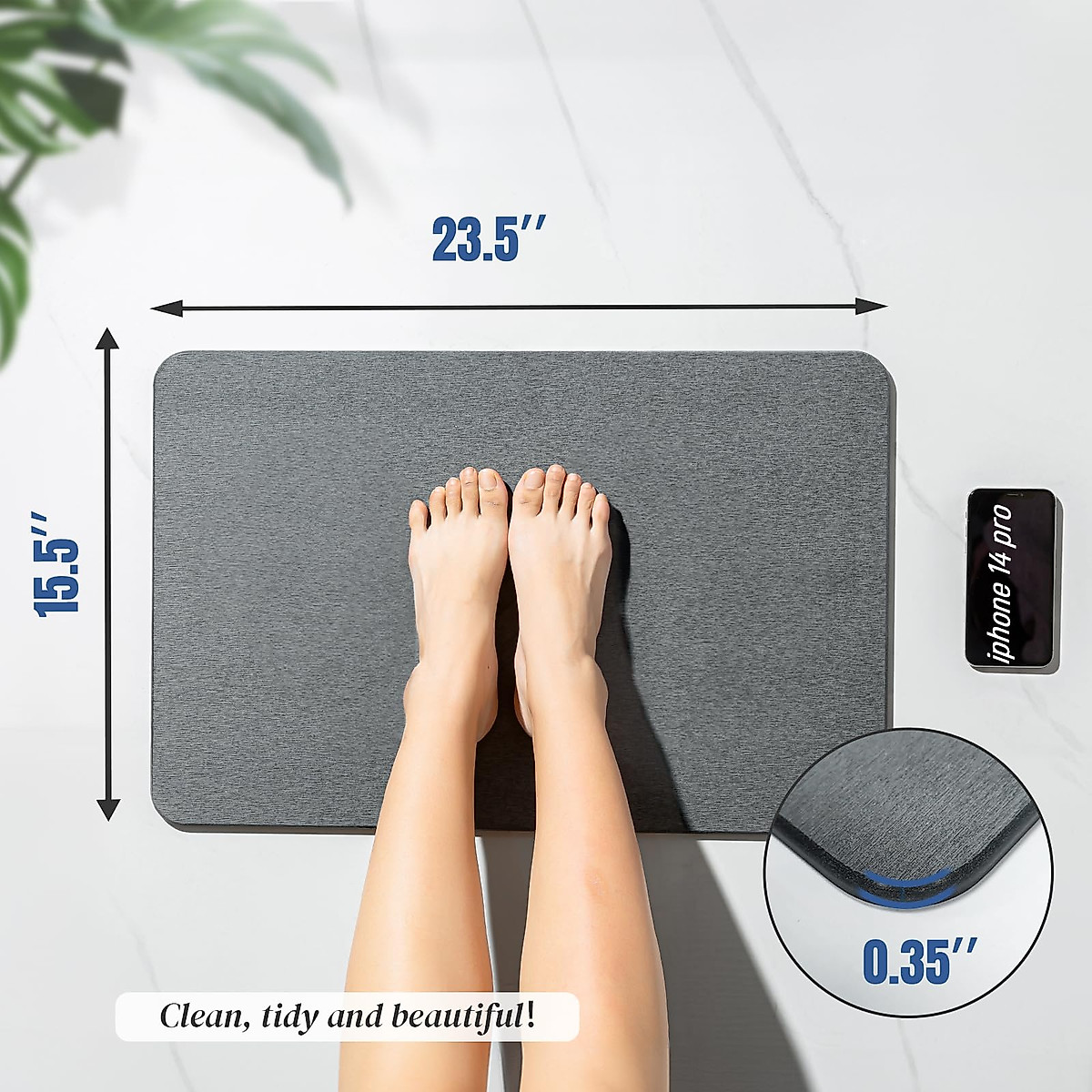 Plentio Stone Bath Mat, Non-Slip Natural Diatomaceous Earth Bath Mat, 23.5" x 15.5" Super Absorbent Quick Drying, Multifunctional Eco-Friendly Bath Stone Mat, Easy to Clean, Dark Gray