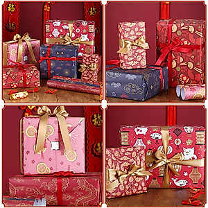 Gift Birthday Wrapping Paper Eastern China Theme For Mom Dad Boys Girls Friends, 20x28" Per Sheet(6 sheets:23 sq.ft.ttl.) Red Gift Wrap for Chinese Lunar New Year 2022 Spring Festival Wedding Baby Shower Christmas