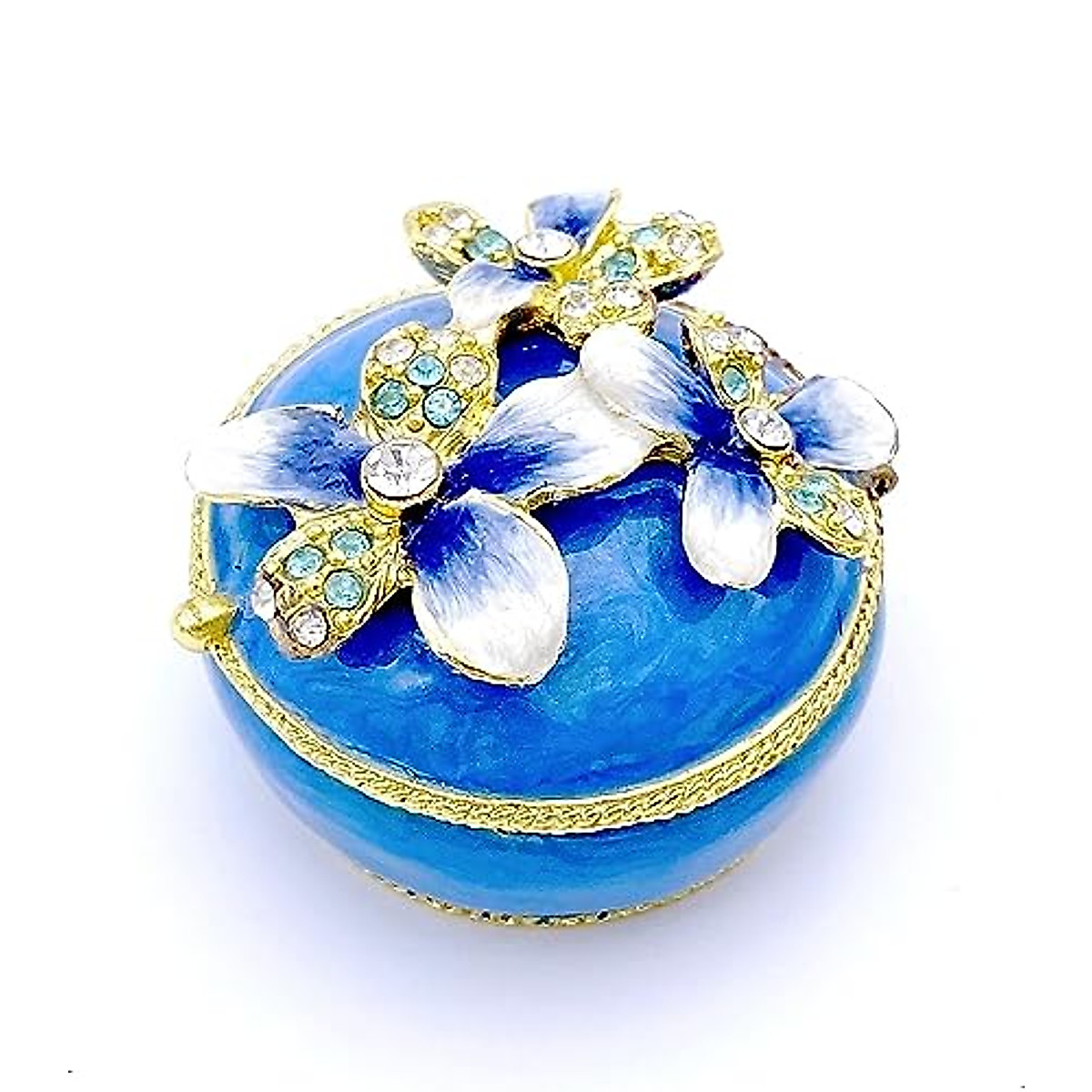 JWT Astyle Orchid Flower Blue Trinket Boxes Hinged Small Jewelry Box with Crystals.Collectible Trinkets Home Gift Enamel Decorative Tiny Keepsake Box Decor Necklace Rings Earrings Organizer.