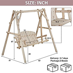 Outdoor Wooden Porch Swing 67 Inch Log Swing with Stand, A-Frame Yard Swing Set Patio Furniture Modern 2 Person Swing Sturdy Garden Bench Swing Rustic Curved Back Swing Chair for Adults