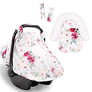 Car Seat Cover & Carseat Headrest Strap Covers for Babies, Summer Cozy Sun & Warm Cover, Flower