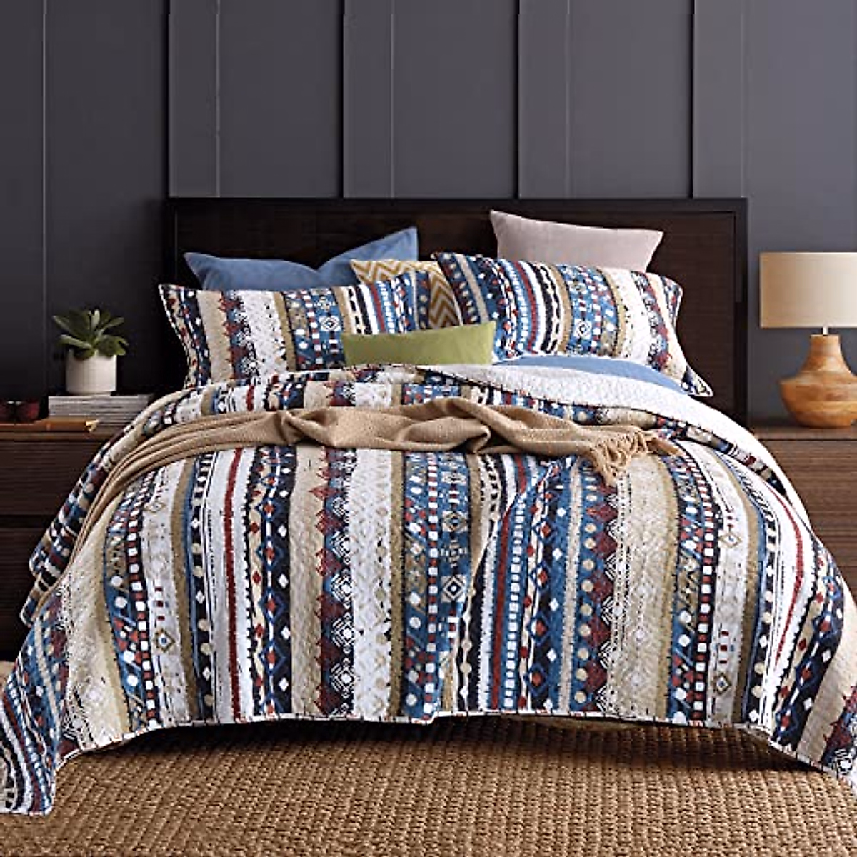 ENJOHOS Boho Striped Cotton Quilt King Size Sets - King Quilt Set for All Season, Lightweight Boho Quilts Bedding Set with 2 Pillow Shams