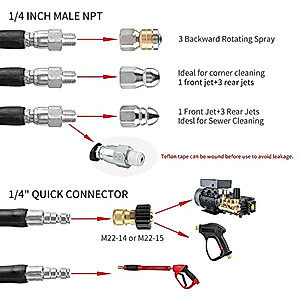 CHAVOR Pressure Washer Sewer Jetter Kit, 50 FT Hydro Drain Jetter Cleaner Hose, Button Nozzle and Rotating Sewer Jetting Nozzle, Orifice 4.0, 4.5, 1/4 inch NPT, 3000 PSI