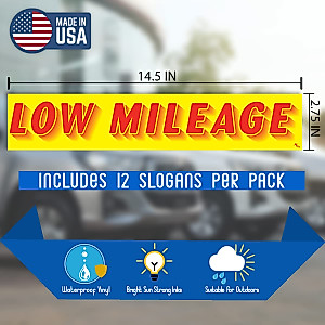 Versa-Tags Windshield Slogan Stickers 12 Pack Each of Low Mileage, Extra Clean, Down, Cash, Buy HERE Pay HERE (60) Window Stickers Total Dealership Stickers Red On Yellow