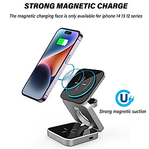 YeeCASE Foldable Magnetic Wireless Charger, 3 in 1 Charging Station, Fast Mag-Safe Charger Stand for iPhone 15 14 13 12 Pro/Max/Plus, for AirPods 3/2/Pro, for iWatch (Adapter Included) (Black)