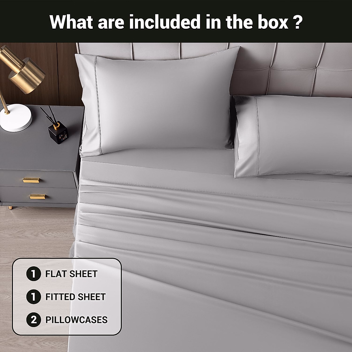 Shilucheng 4 Piece Full Sheet Sets, Cooling Sheets, Blend Rayon Derived from Bamboo, Deep Pocket Up to 16", Breathable & Soft Bed Sheets, Hotel Silky Bedding Set, Grey