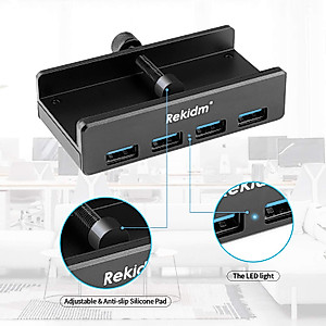 USB Hub 3.0 - Rekidm 4 Port Aluminum USB 3.0 Hub Clamp Design for Desktop, Computer, PC, Table Edge with Durable Adjustable Clip, Compact Space-Saving Mountable Desk USB Hub Fast Speed Transfer