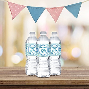 MonMon & Craft Welcome Baby Boy Water Bottle Stickers/Gender Reveal Bottle Wrappers/It's a Boy Water Labels Supplies/Baby Shower Decorations Blue (Set of 32)