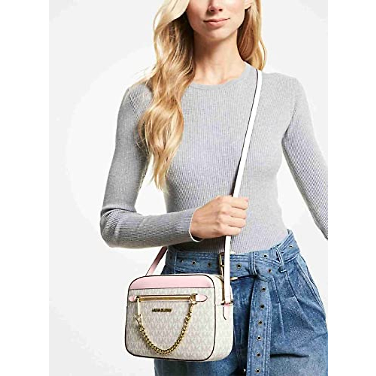 Michael Kors Jet Set East West Chain Crossbody Vanilla MK Powder Blush Pink Bundled with Michael Kors Jet Set Card Holder in Ballet