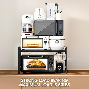 Rollwish Expandable Microwave Shelf, Oven Toaster Rack Kitchen Countertop Organizer, Adjustable Microwave Stand with 3 Hooks, 2Tire, (Size 13~23 "x12.5 x17), 60Lbs Capacity
