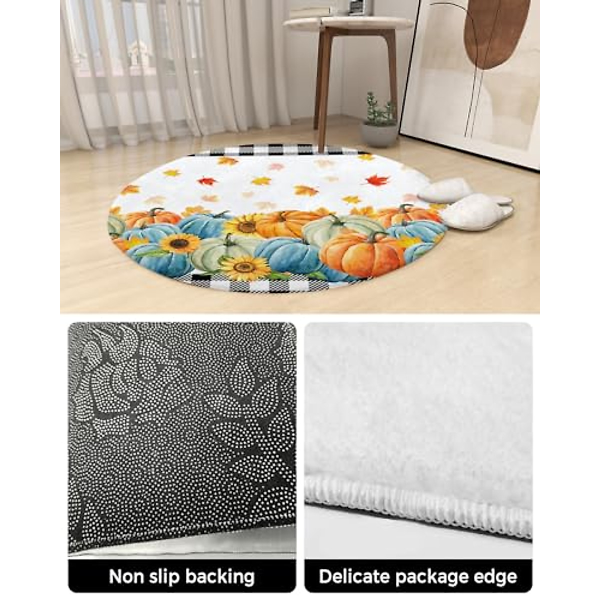 Autumn Pumpkin Fluffy Round Area Rug Carpets 5ft, Plush Shaggy Carpet Soft Circular Rugs, Non-Slip Fuzzy Accent Floor Mat for Living Room Bedroom Nursery Home Decor Thanksgiving Fall Plaid Leaves