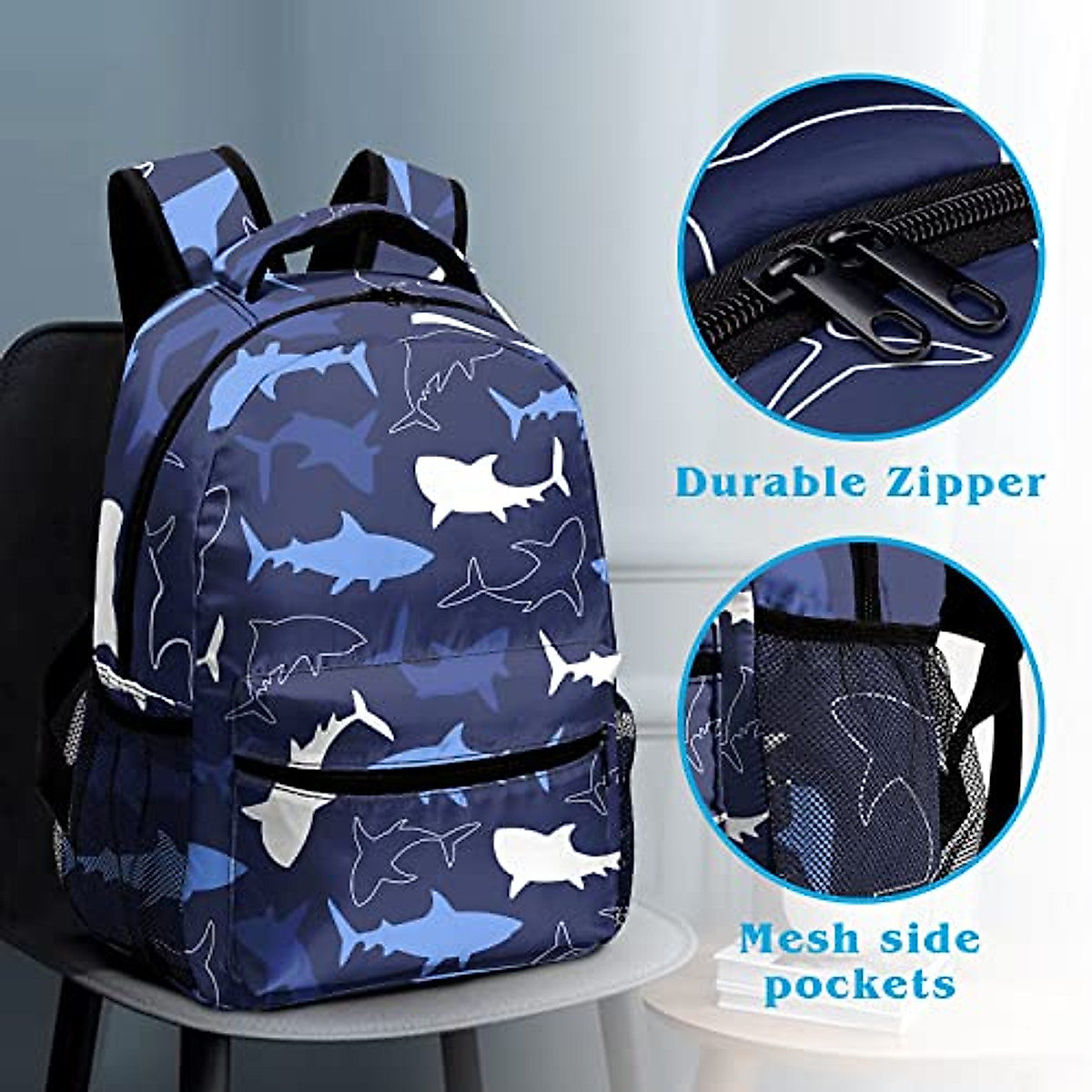 Dacawin Kids Backpack Blue Shark Elementary School Bag for Boys Girls Kids Ocean Themed Bookbag Lightweight Durable Simple Modern Backpacks for Travel Hiking Picnic
