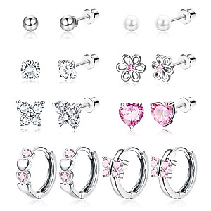 Florideco 8Pairs Hypoallergenic Screwback Earrings Women Silver Huggie Hoop Earrings Surgical Steel Tiny Stud Earrings Pink Colorful CZ Screw Back Earrings Set for Sensitive Ears Butterfly