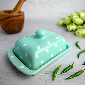 Handmade Ceramic European Covered Butter Dish With Lid | Unique Teal and White Polka Dot Pottery Butter Keeper | Housewarming Gift by City to Cottage®