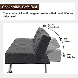 VECELO Modern Convertible Folding Futon Sofa Bed with Removable Armrests Breathable Linen Recliner Couch for Living Room/Apartment Lounge, 2 Cup Holders, Dark Grey