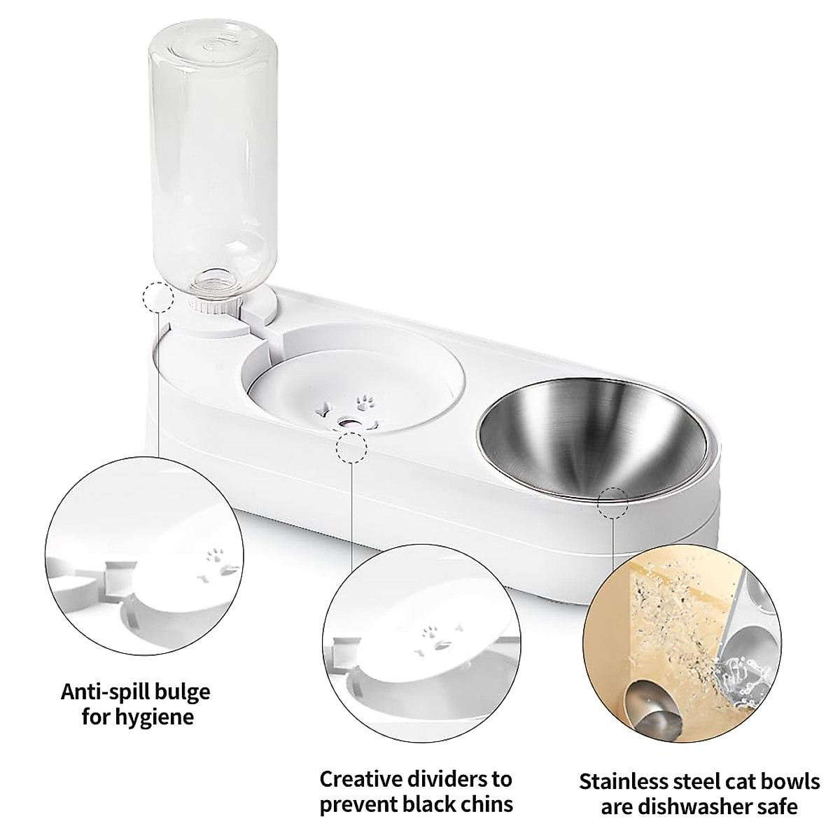 Marchul Stainless Steel Pet Feeder, 2-in-1 Food and Water Bowl Set with Automatic Water Dispenser for Cats and Small Dogs, 0.5L, White