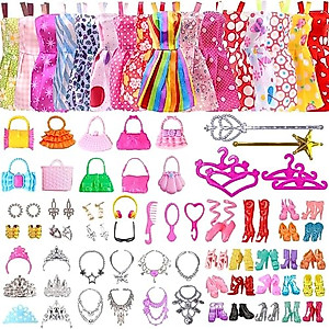 96 PCS Doll Clothes and Accessories for Barbie 11.5 inch Doll 16 Slip Dresses 20 Pair of Shoes 10 Handbags 30 Jewelry Accessories Fashion Outfits Necklace Mirror Earring Crown Hanger in Random
