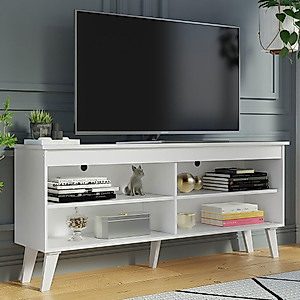 Madesa Compact TV Stand Cabinet with 4 Shelves and Cable Management for 50, 55 Inch TV Media Storage Unit Living Room and Bedroom Modern Wooden Television Media Console - White