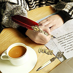 Feather Quill Pen and Ink Set,Writing Quill,Vintage Calligraphy Dip Pen Kit with 17Replacement Nibs,Wax Seal Sticks,Wooden Dip Pen,2 in 1 Seal Stamp Pen Nib Base,Envelope,Letter Opener