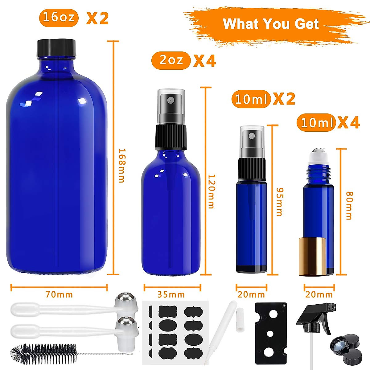 MASSUGAR Glass Spray Bottles Set - Refillable Blue Bottle Mixing Kits is Great for Essential Oils - Fine Mist 16 oz 2 Pack, 2 oz 4 Pack, 10 ml 2 Pack and 10 ml Roller Bottles 4 Pack