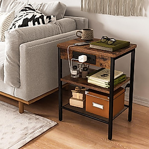 Fixwal Side Table, Night Stand with Charging Station, 3-Tier End Table with Storage Shelf, Side Table for Living Room, Bedroom, Rustic Brown and Black