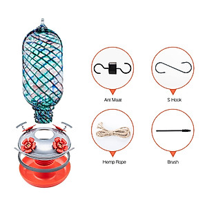 Muse Garden Hummingbird Feeders for Outdoors Hanging, Blown Glass Hummingbird Feeder, Unique Hummingbird Gifts for Women, Containing Ant Moat, 28 Ounces, Ocean Mermaid