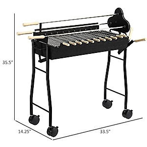 Outsunny Portable Charcoal BBQ Grills Steel Rotisserie Outdoor Cooking Height Adjustable with 4 Wheels Large/Small Skewers Portability for Patio, Backyard, Black