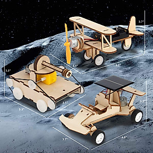 Mini Tudou 3D Wooden Puzzle Solar Car, 3-in-1 STEM Science Kit Toy to Build Wood Models Including Solar Power Vehicle Electronic Tank and Plane Toys Set, DIY Educational Play Set for Kids Boys Girls